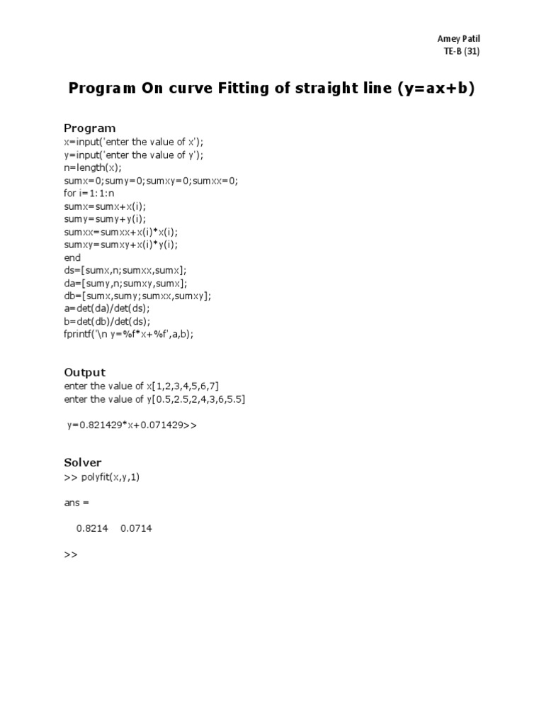 Program On Curve Fitting of Straight Line (Y Ax+b) | PDF