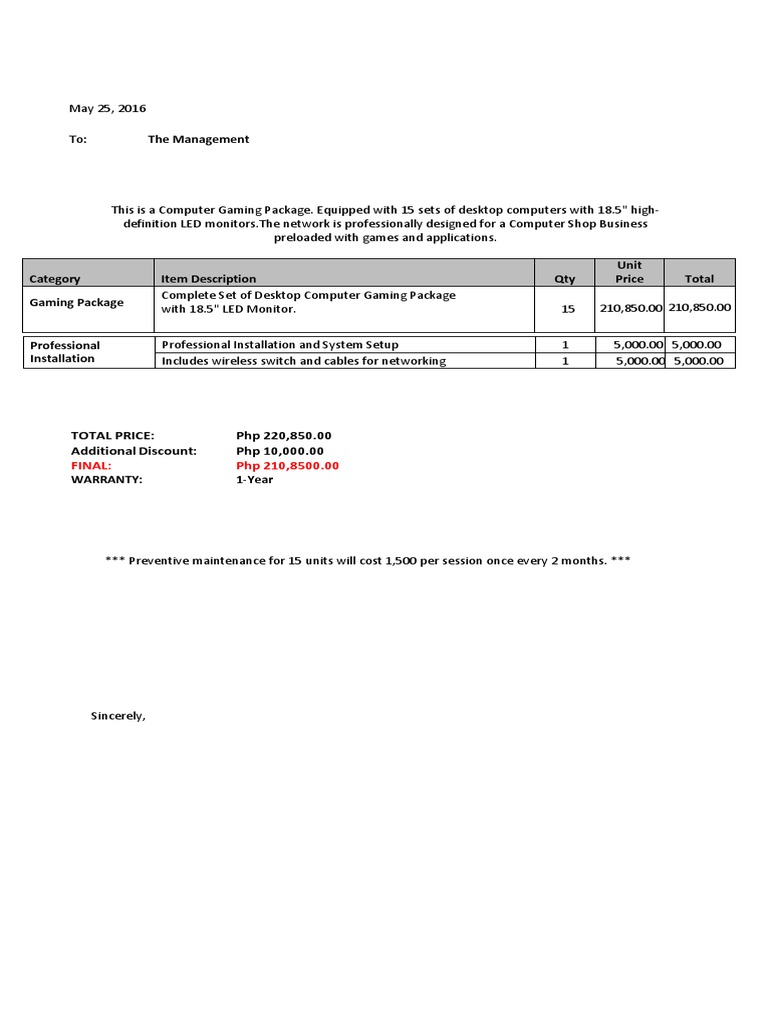 Proposal for a 15-Unit Computer Gaming Package for a New Computer Shop ...