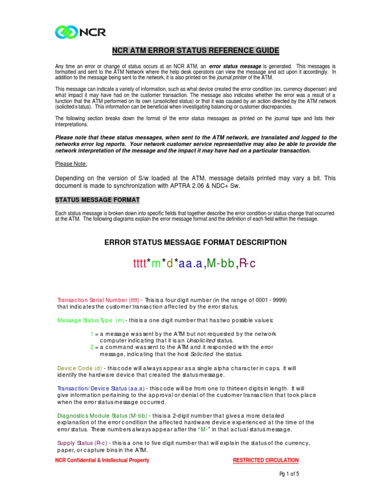 NCR Error Code | PDF | Automated Teller Machine | Error