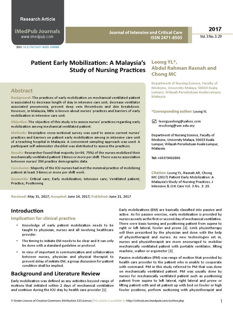Patient Early Mobilization A Malaysias Study of Nursing Practices PDF ...