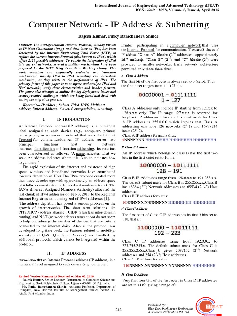 Computer Network - IP Address & Subnetting: Rajesh Kumar, Pinky Ramchandra Shinde | PDF | I Pv6 ...