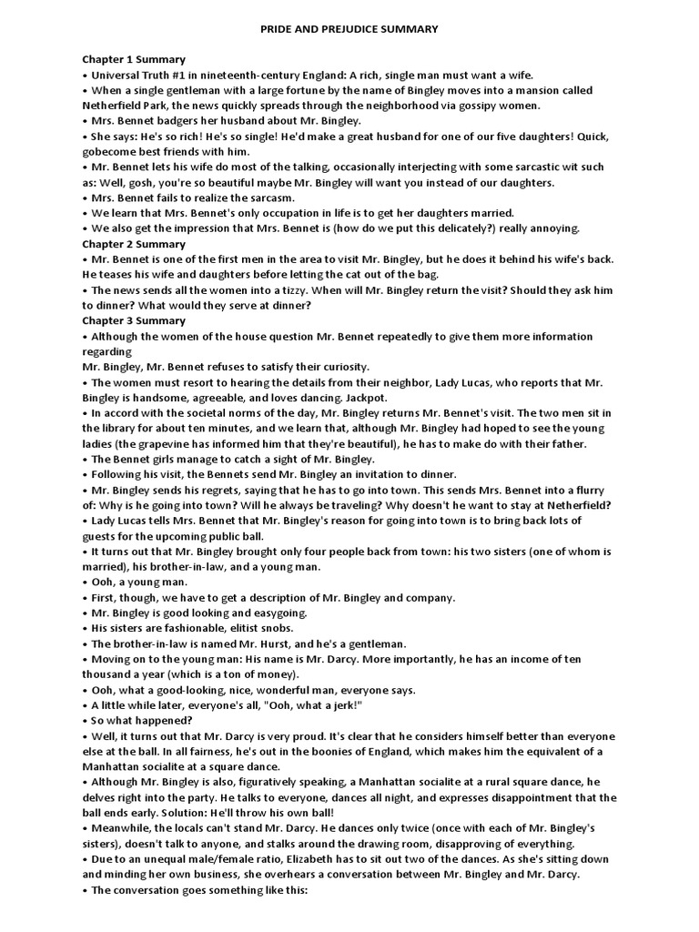 Pride and Prejudice Summary | PDF | Pride And Prejudice | Mr. Darcy