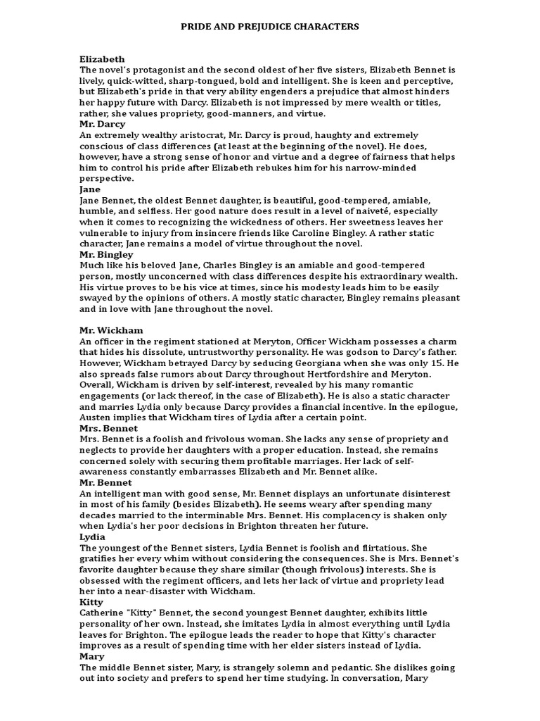 Pride & Prejudice: Character Guide | PDF | Pride And Prejudice | Mr. Darcy