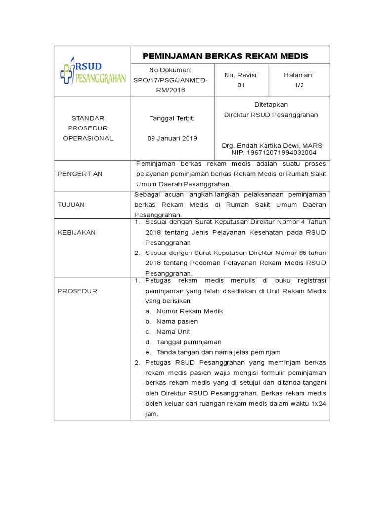 SPO Peminjaman Berkas Rekam Medis | PDF | Pengembangan Diri