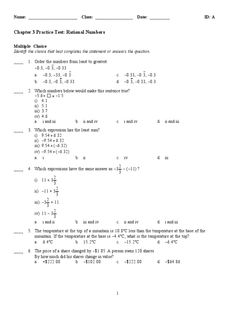 Chapter 3 Practice Test: Rational Numbers: Identify the choice that ...