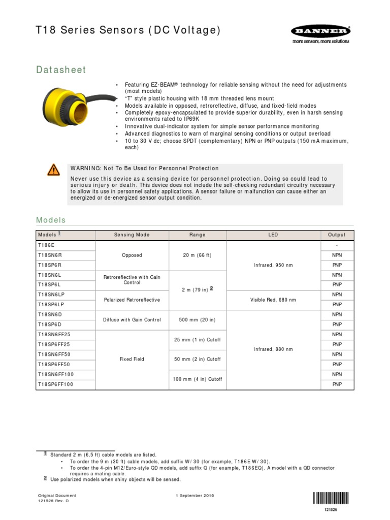 T18 Series Sensors (DC Voltage) : Datasheet | PDF | Bipolar Junction ...