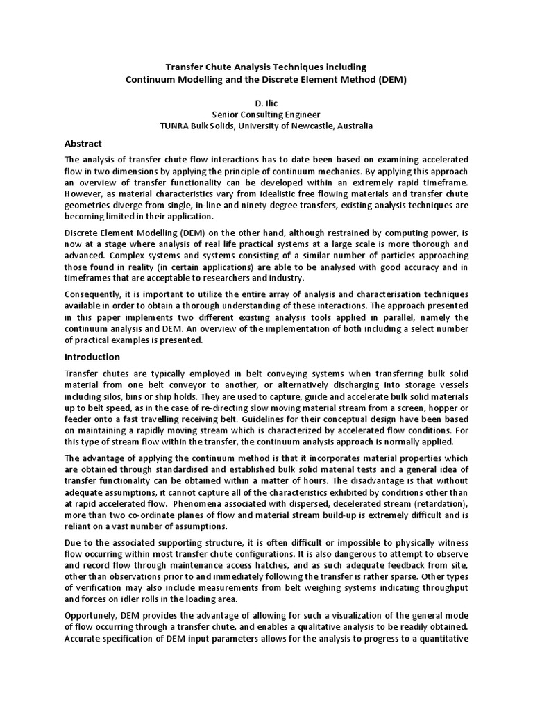 Transfer Chute Analysis Techniques Including Continuum Modelling and ...