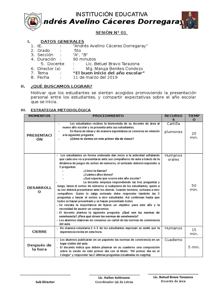 Sesion Del Buen Inicio Del Ano Escolar Pdf Escuelas Enseñando Y