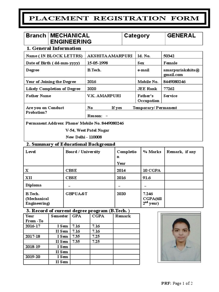Placement Registration Form 2014 | PDF | Educational Stages ...