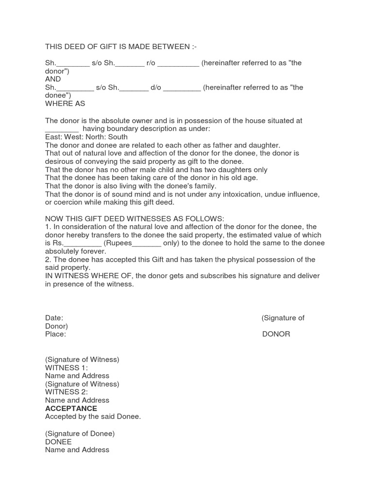Father to Daughter Gift Deed Template | PDF | Law