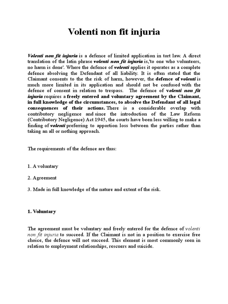 Volenti Non Fit Injuria in Tort Law | PDF | Virtue | Common Law