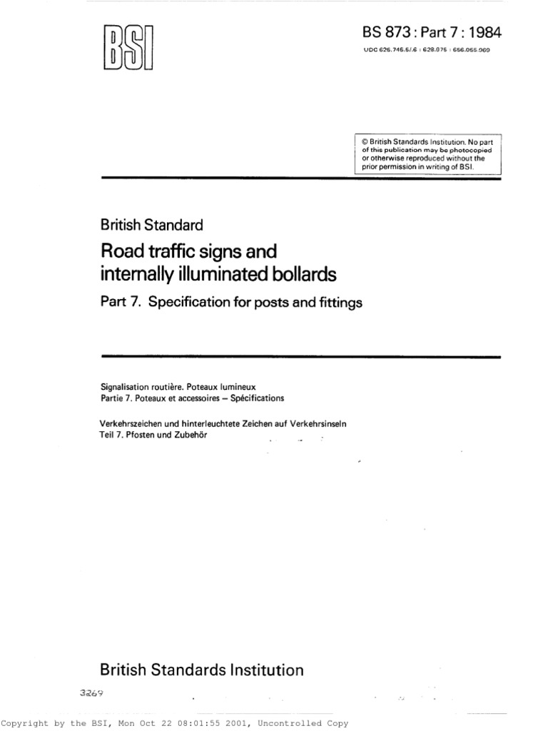 BS 873 (Part7) - 1984 Road Traffic Signs and Internally Illuminated ...