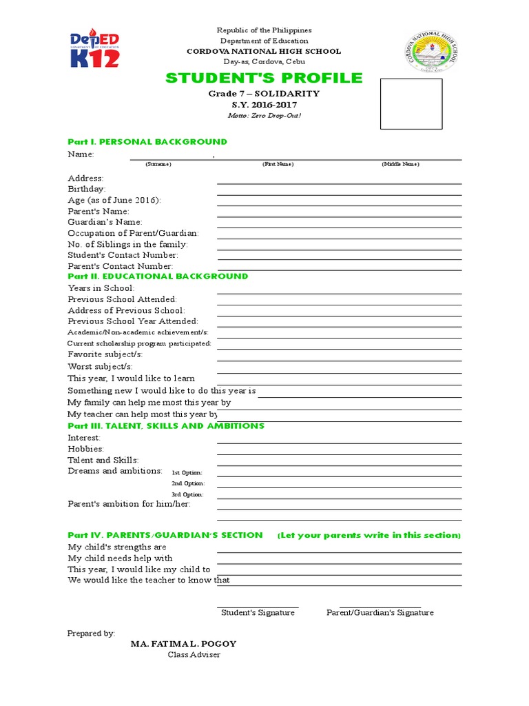 Student'S Profile: Part I. Personal Background | PDF | Teachers | Cognition