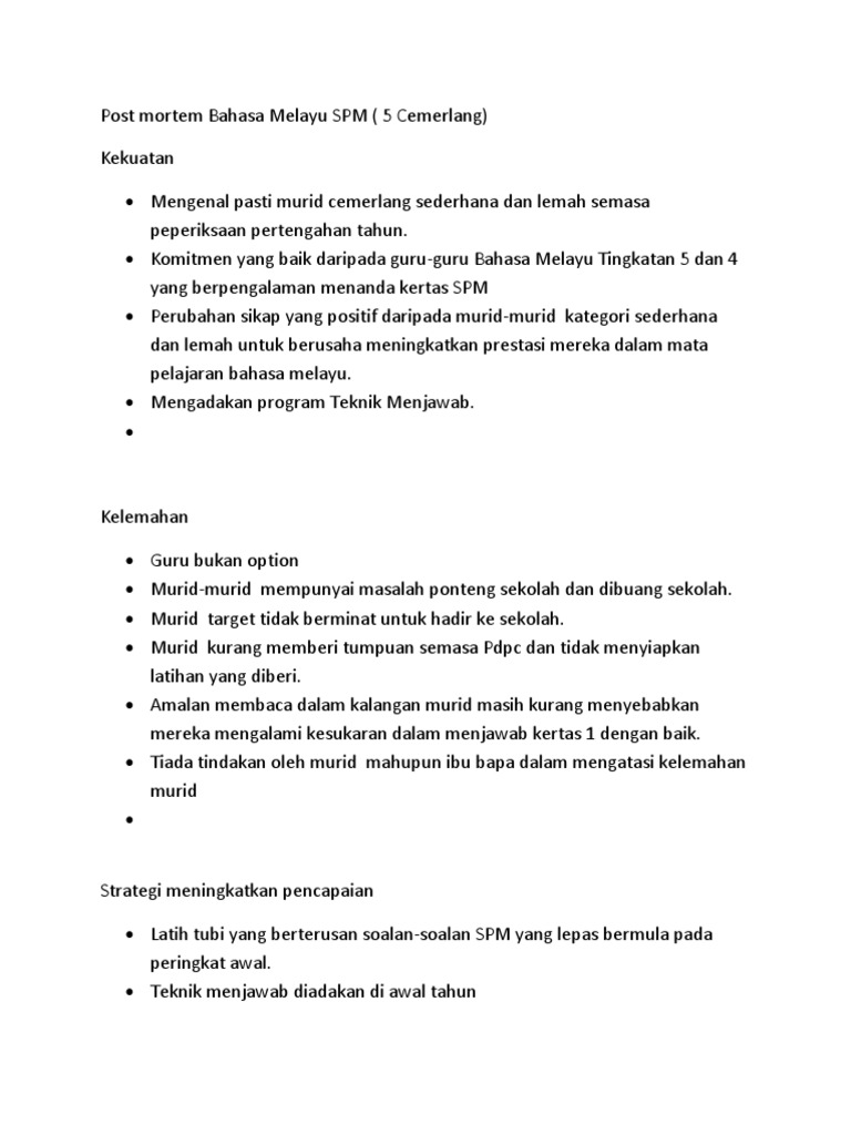 Post Mortem Bahasa Melayu SPM | PDF