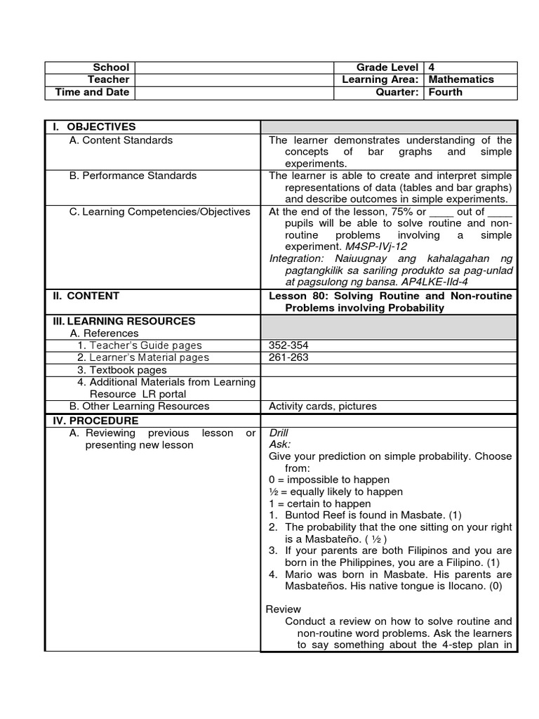 LESSON EXEMPLAR MATH4 TAUMATORGO Dangal | PDF | Probability | Learning