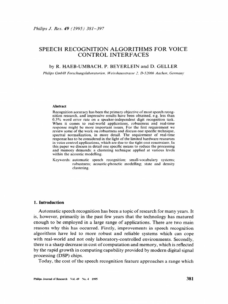 Speech Recognition Algorithms For Voice Control Interfaces | PDF ...