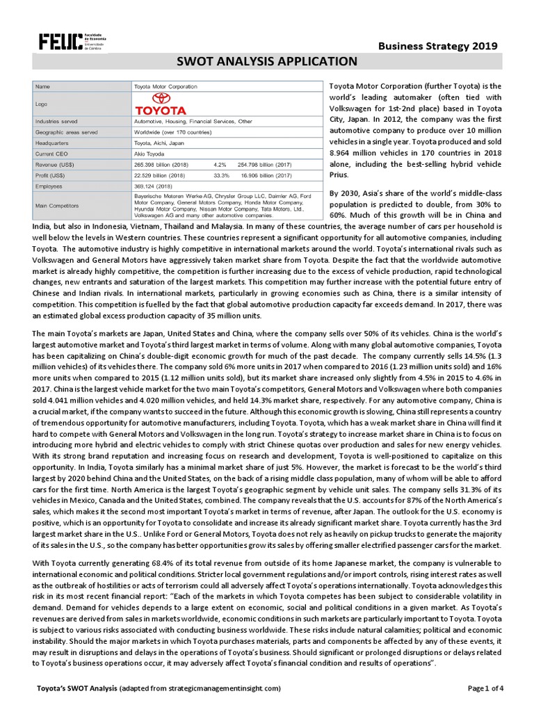 Swot Analysis Application: Business Strategy 2019 | PDF | Toyota ...