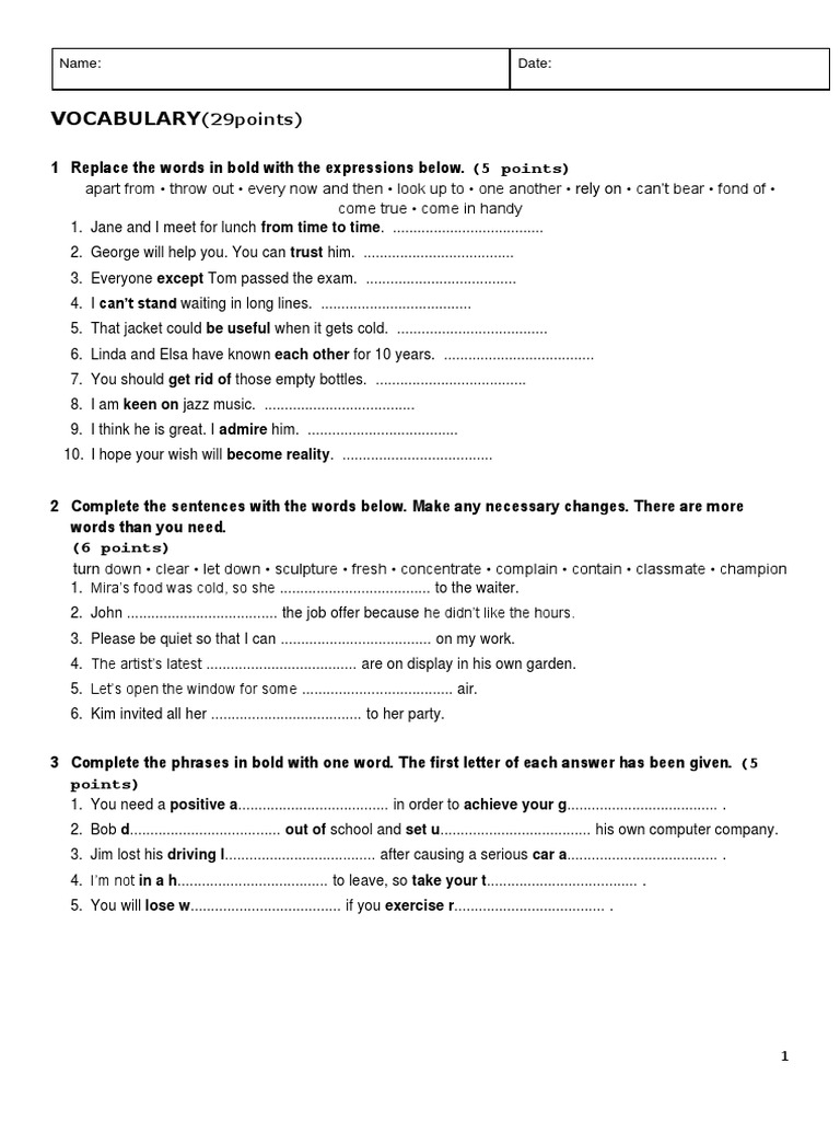 1 Grammar and Vocabulary Diagnostic Test | PDF | Cooking, Food & Wine