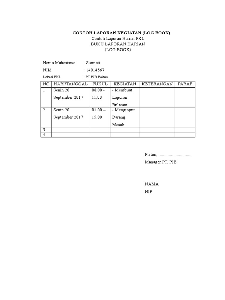 Contoh Logbook Kegiatan PKL Mahasiswa | PDF