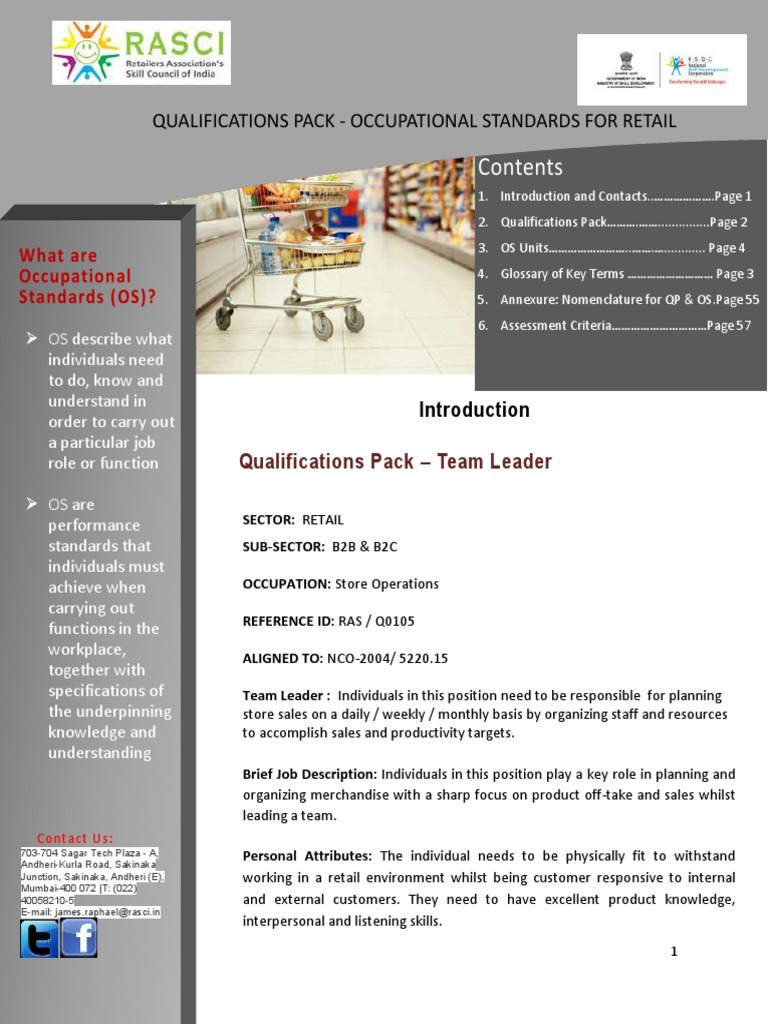 Organizing Store Operations: Qualifications Pack for Retail Team Leader ...