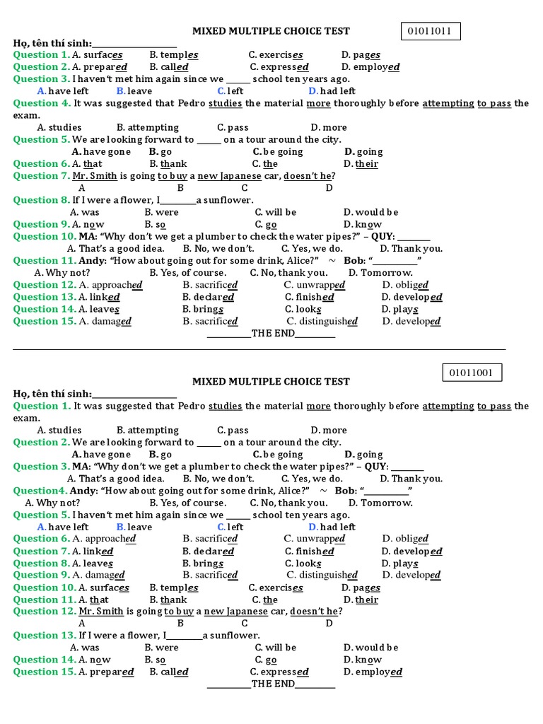 Mixed Multiple Choice Test | PDF