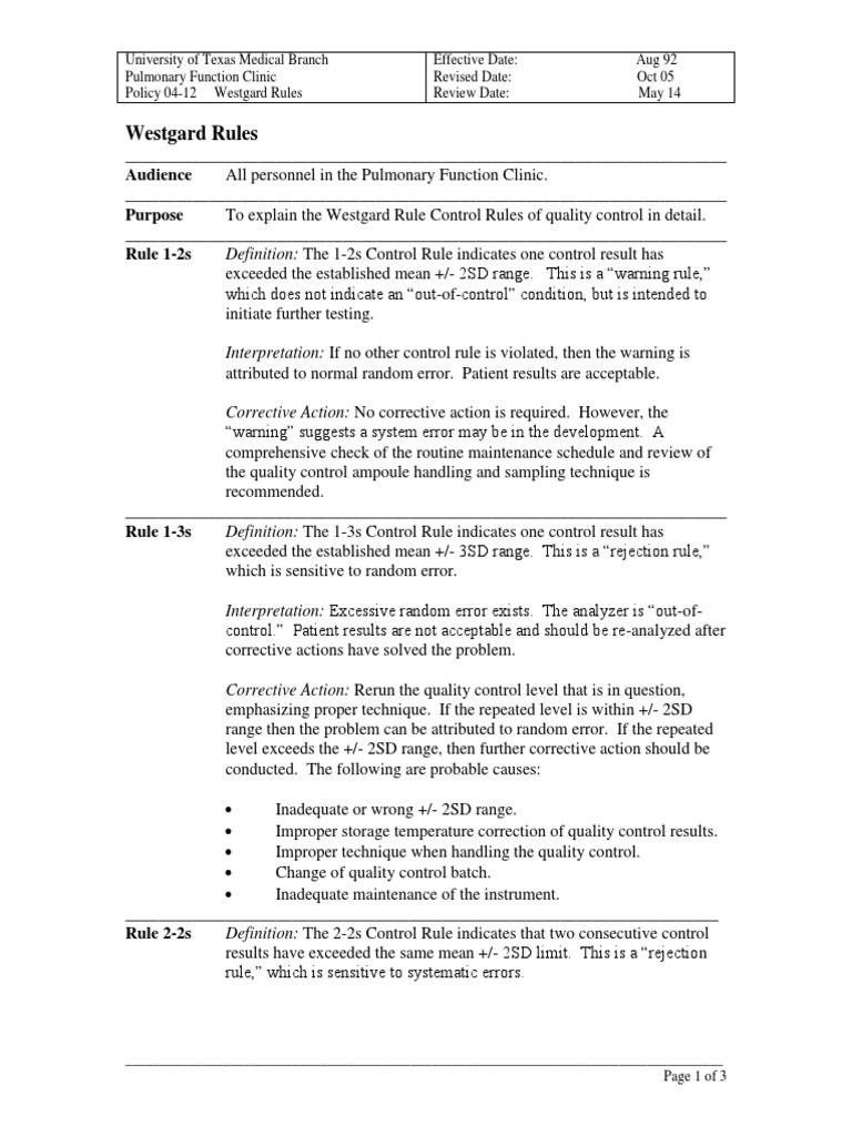 Westgard Rules: Audience Purpose Rule 1-2s | PDF | Observational Error ...