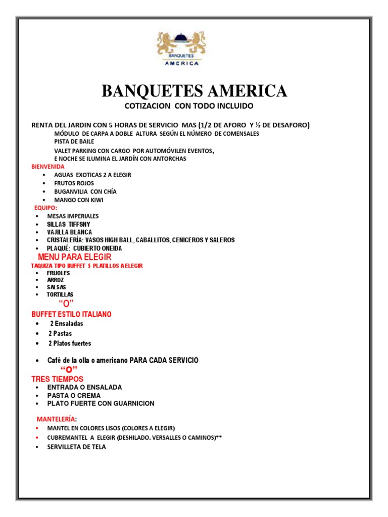 Banquetes America: Cotizacion Con Todo Incluido | Alimentos | Comida y vino