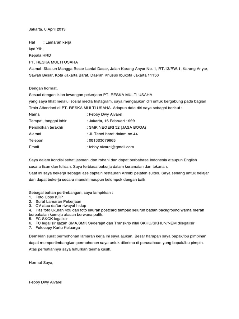 Lamaran Kerja Train Attendant PT Reska Multi Usaha | PDF