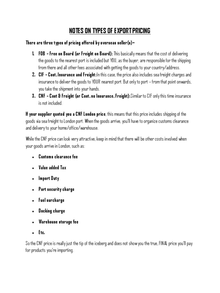 Notes On Types of Export Pricing | PDF
