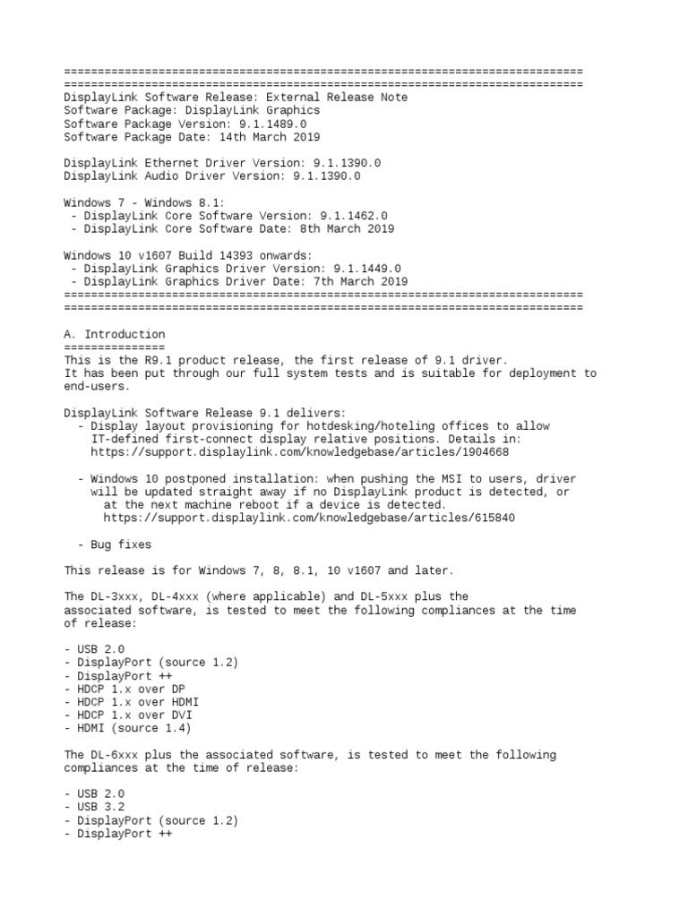 DisplayLink USB Graphics Software For Windows 9.1 M0-Release Notes ...