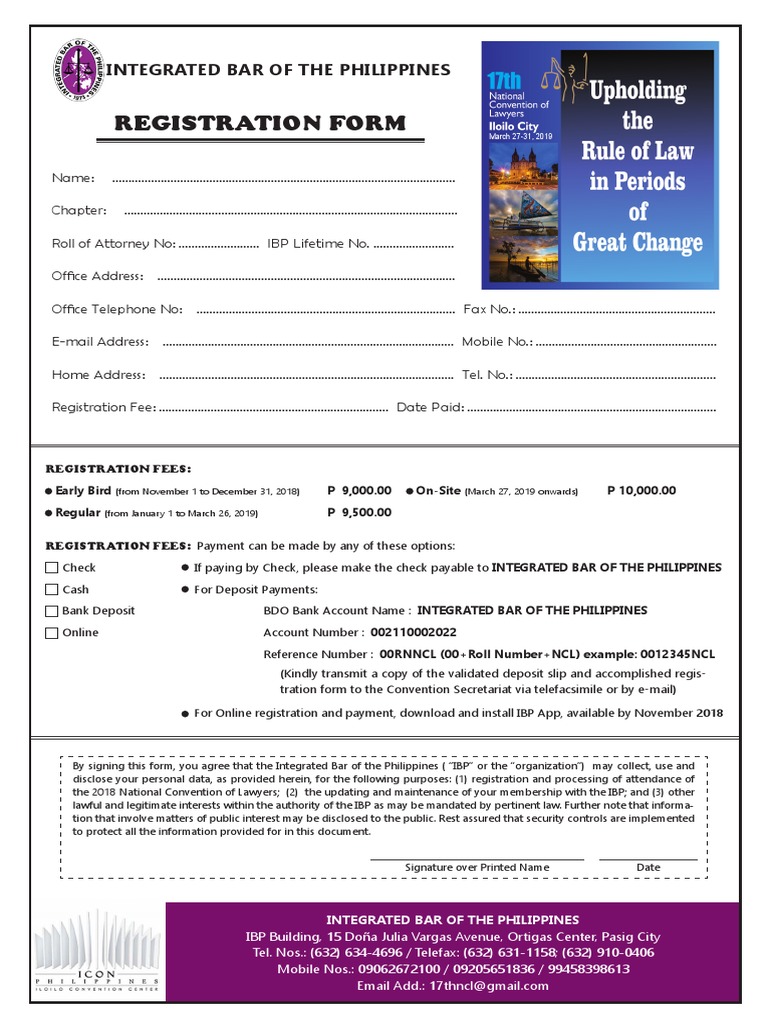 IBP Lawyer Convention Registration Form | PDF | Fax | Deposit Account