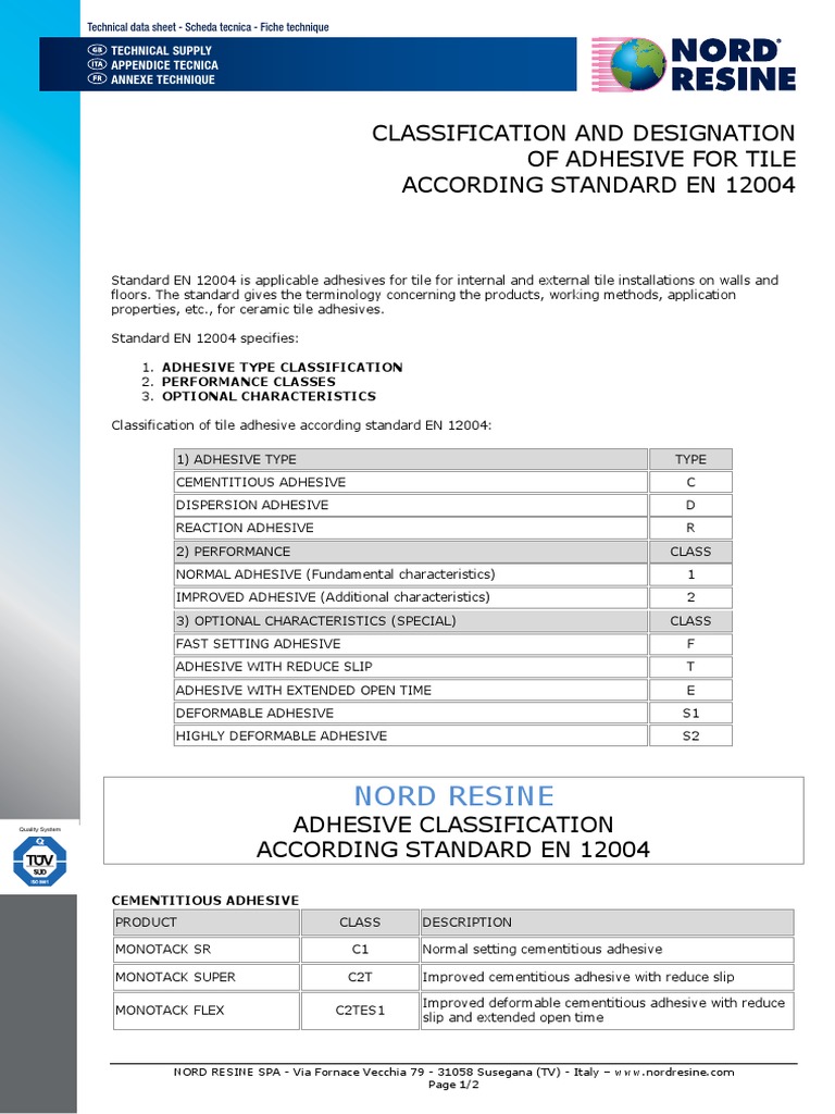 Tile Adhesive Classification EN 12004 | PDF | Tile | Building Engineering