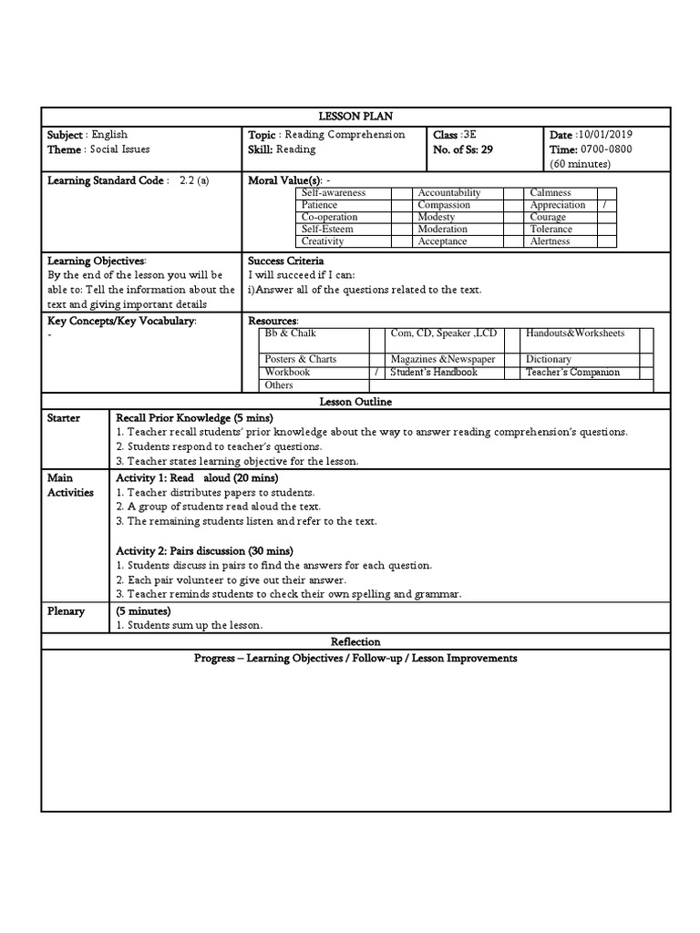 LESSON PLAN (Reading Comprehension) | PDF | Reading Comprehension ...
