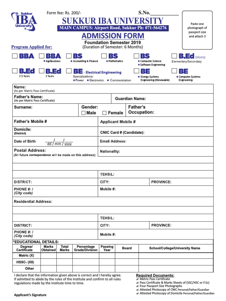 Sukkur Iba University: Admission Form | PDF