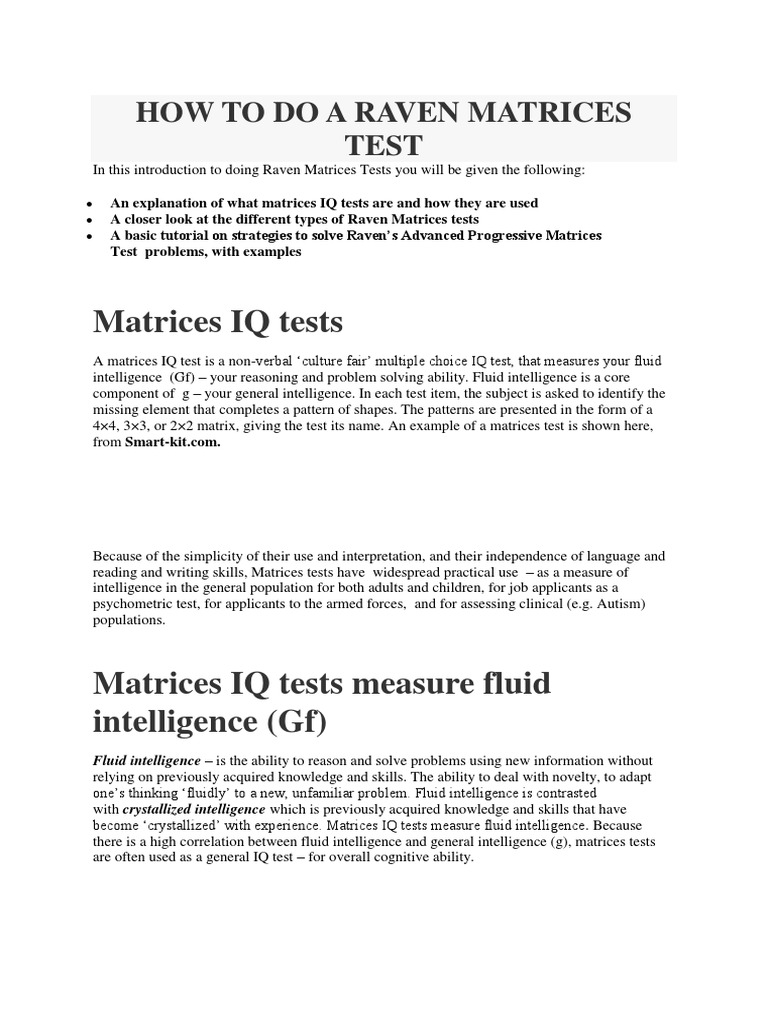 Information On Ravens Progressive Matrices Test | PDF | Intelligence ...