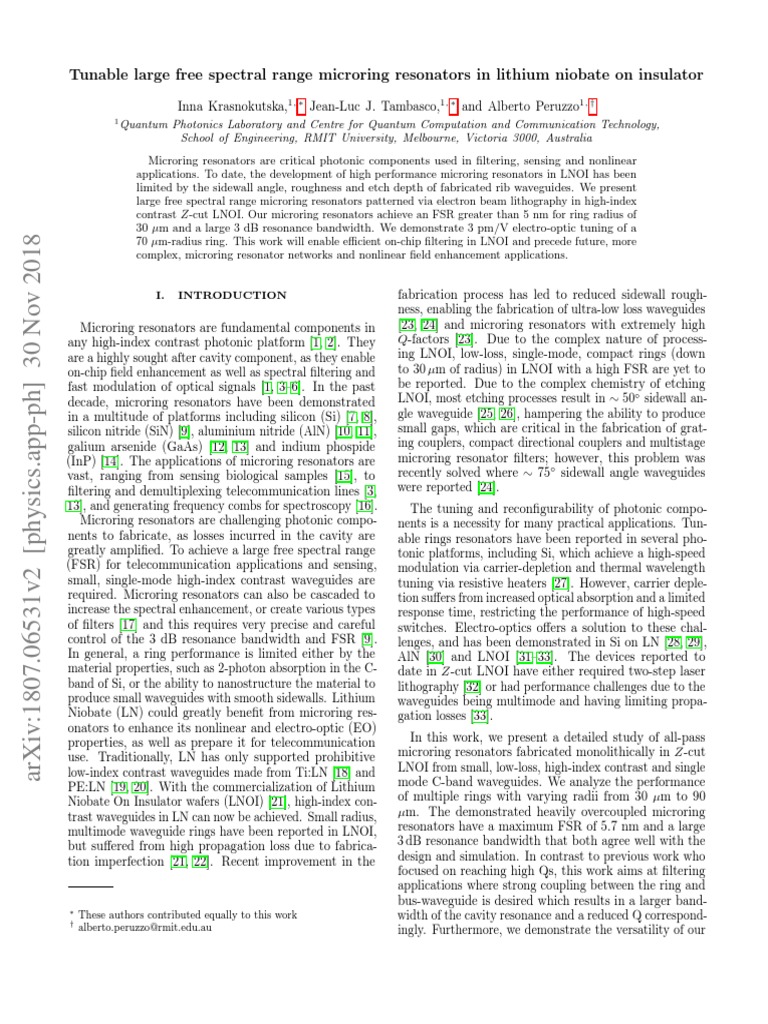 Tunable Large Free Spectral Range Microring Resonators in Lithium ...