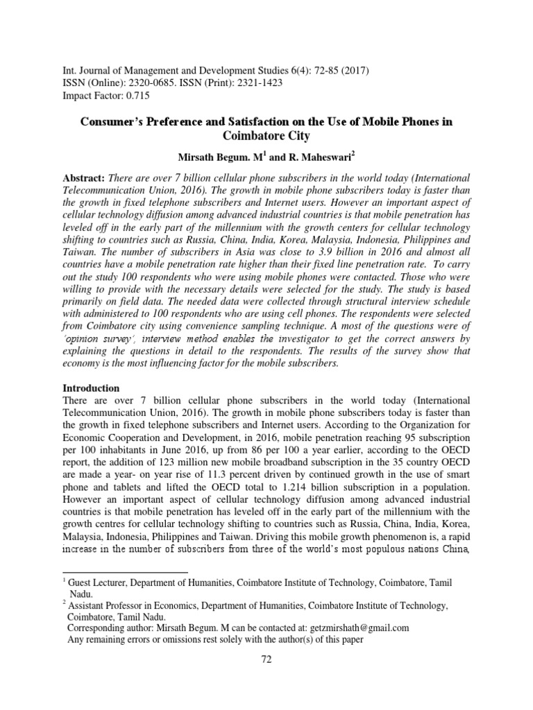 Consumers Preference And Satisfaction On The Use Of Mobile Phones In