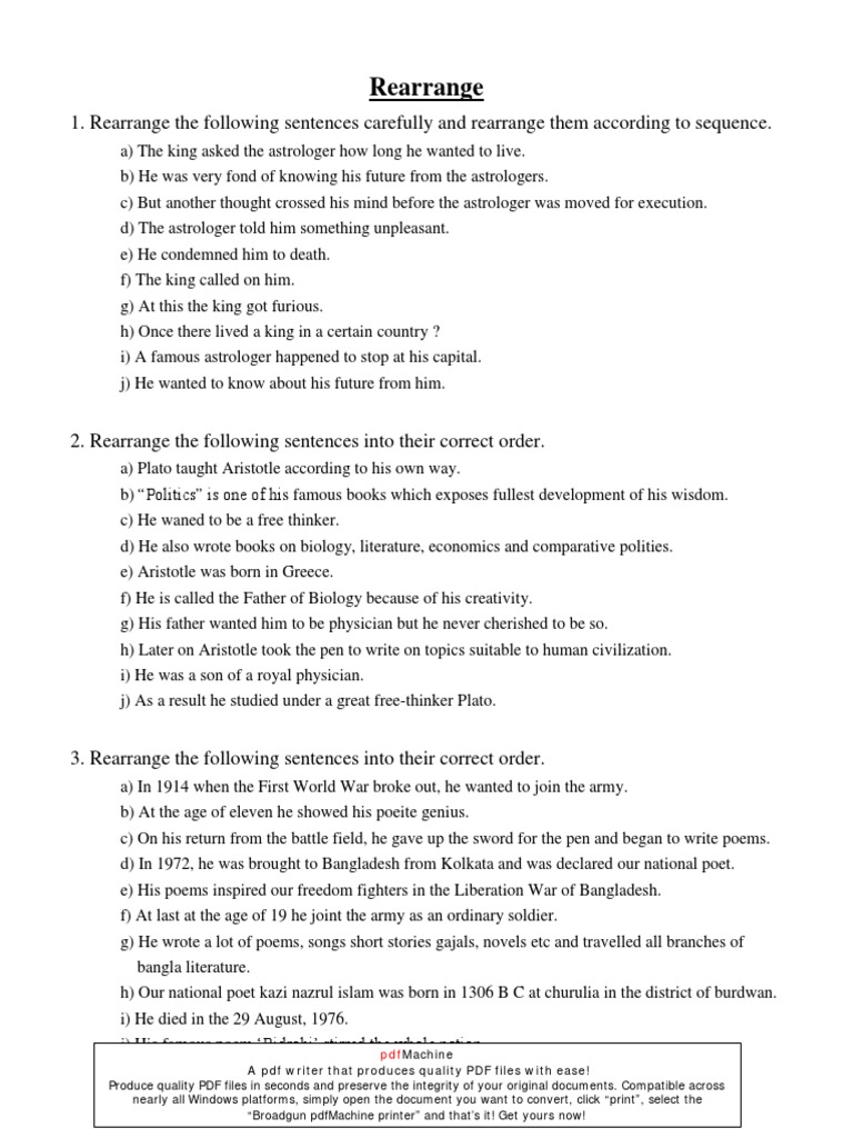 Rearrange: 1. Rearrange The Following Sentences Carefully and Rearrange ...