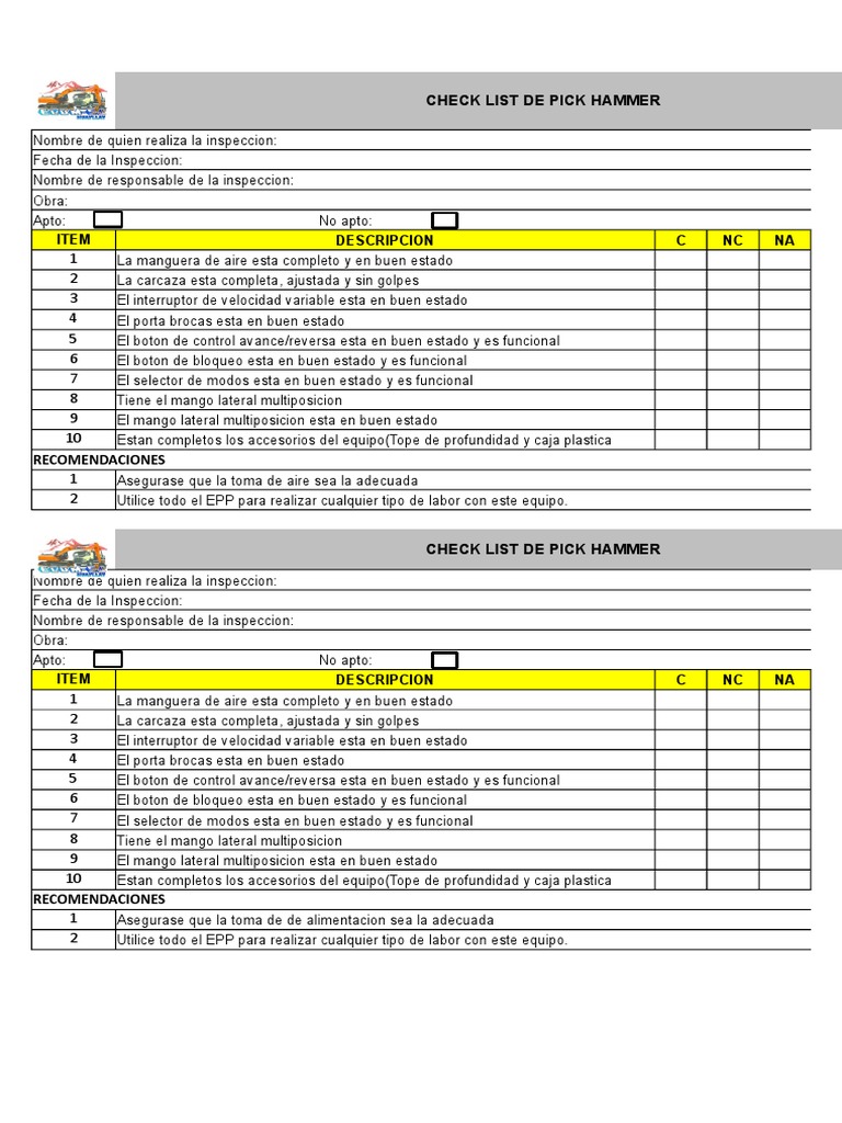 Check List Inspección Pick Hammer | PDF