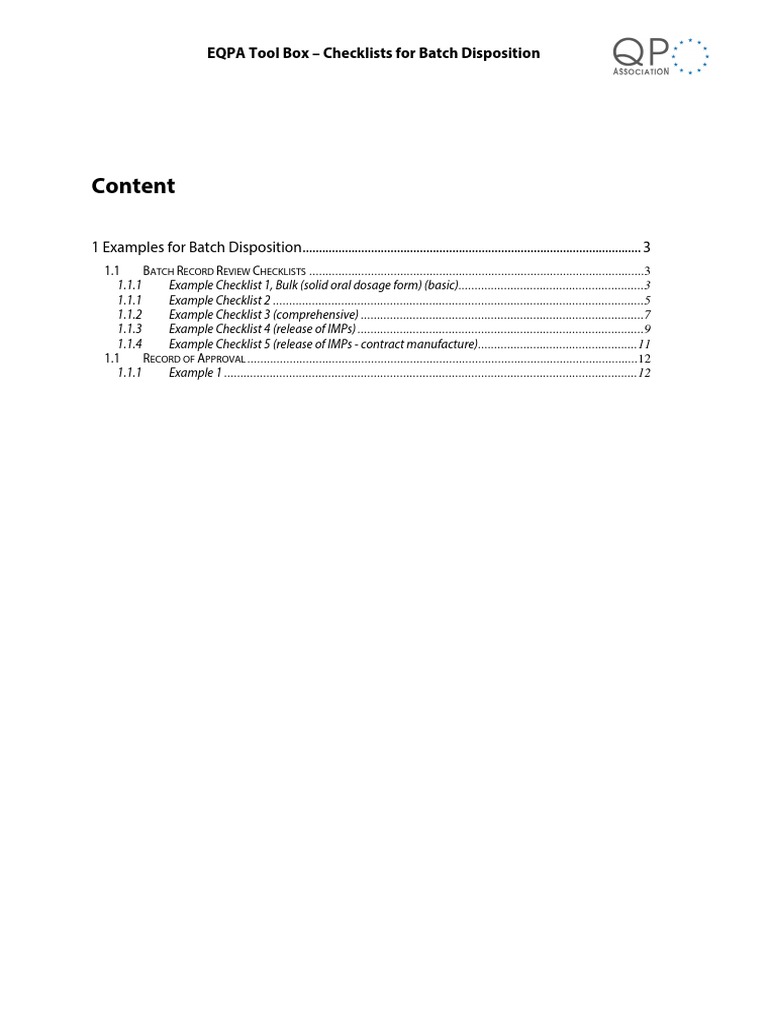 EQPA Tool Box Checklists Batch Disposition | PDF | Packaging And ...