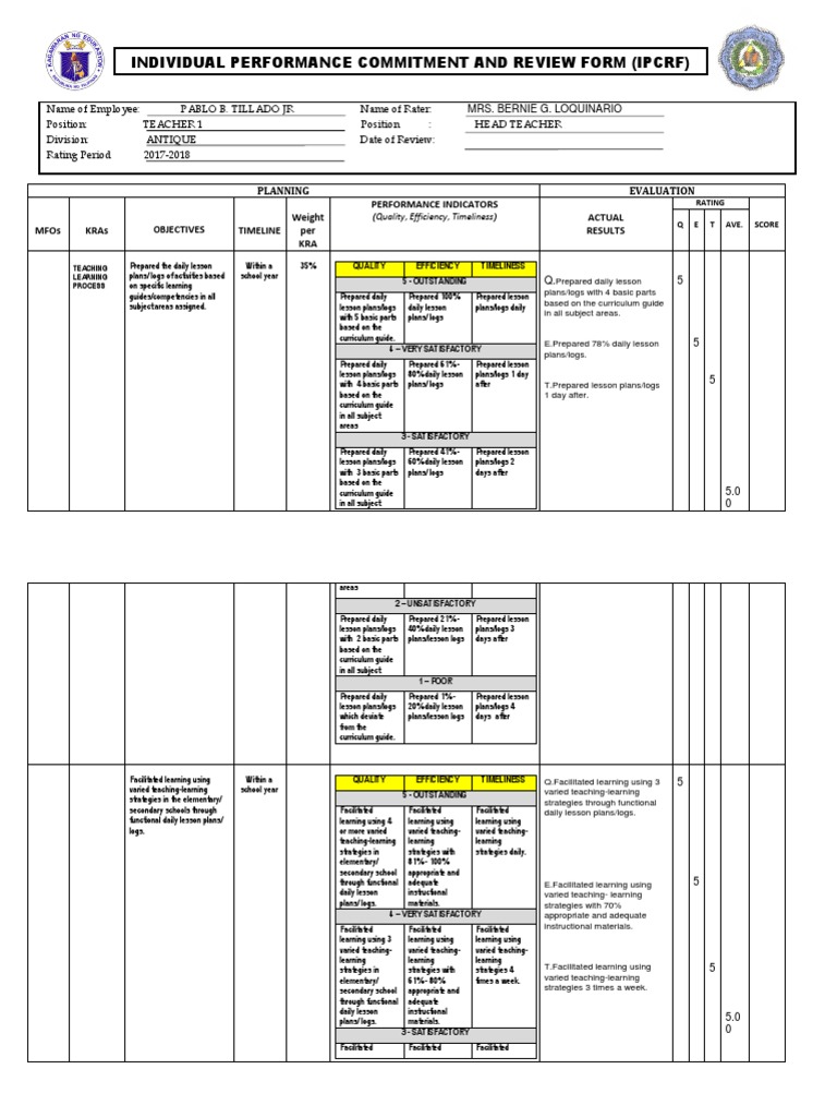 Individual Performance Commitment and Review Form (Ipcrf) | PDF ...