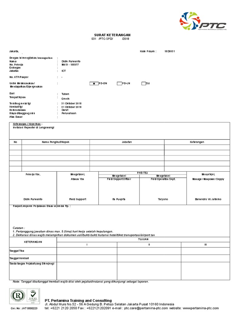 Surat Ijin Dinas Dan Ijin Meninggalkan Pekerjaan PT - PTC NOV 2018 | PDF
