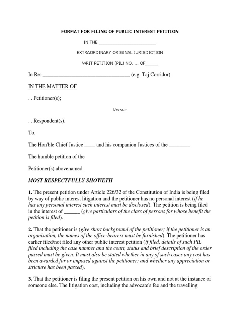 Most Respectfully Showeth: Format For Filing of Public Interest ...