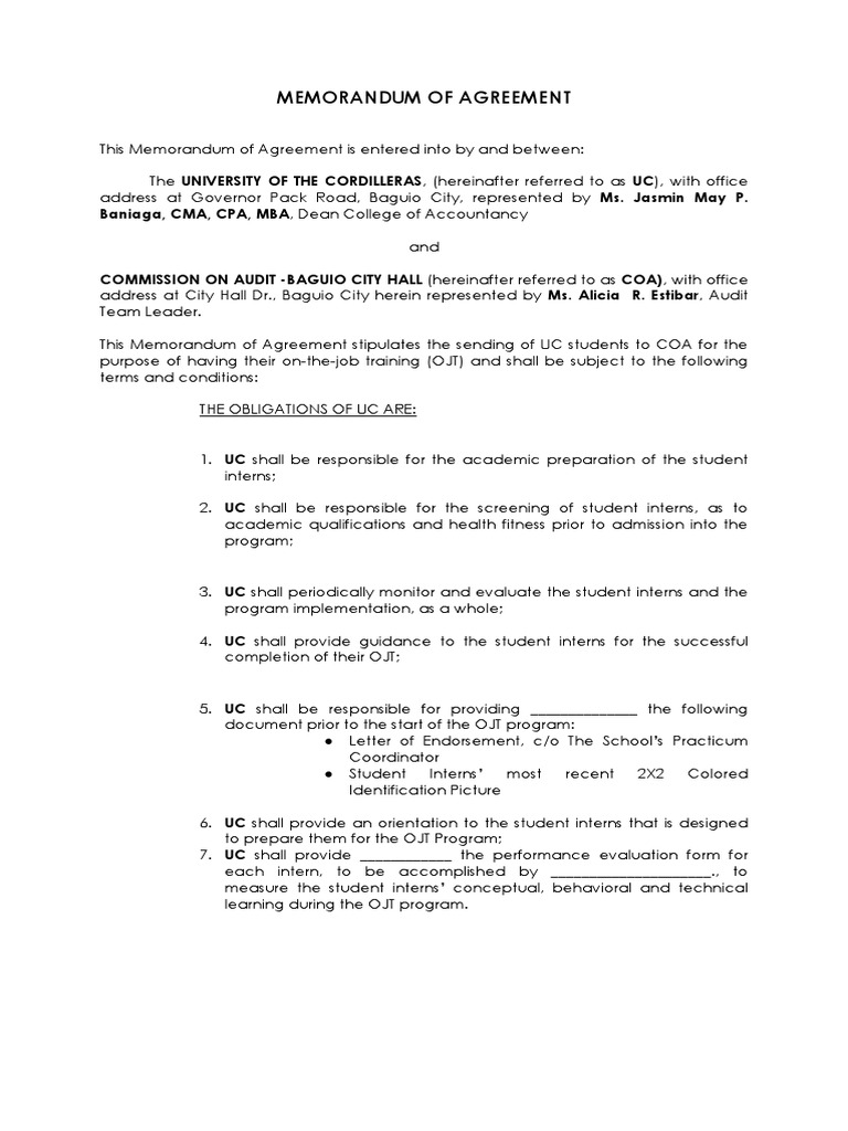 Memorandum of Agreement: Baniaga, CMA, CPA, MBA, Dean College of ...