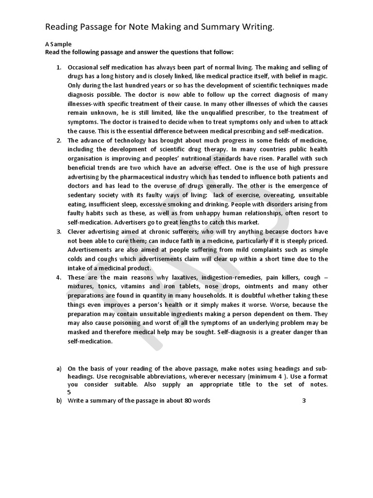 Reading Passage For Note Making and Summary Writing: Read The Following ...