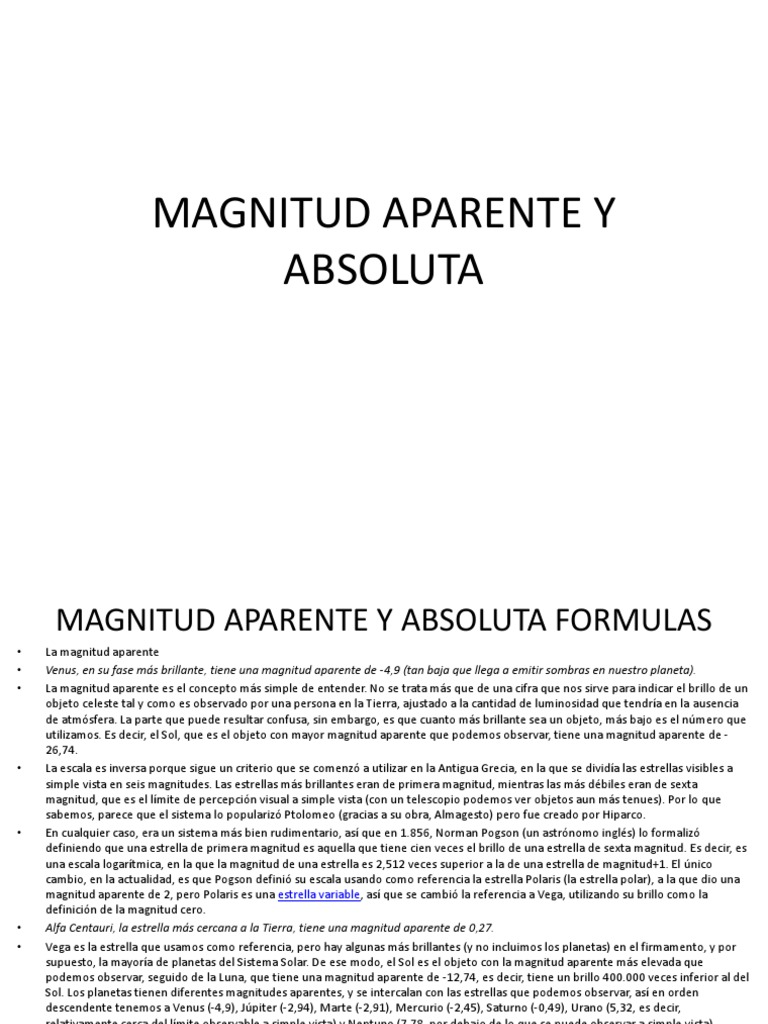 Magnitud Aparente y Absoluta Formulas | PDF | Magnitud aparente | Estrellas