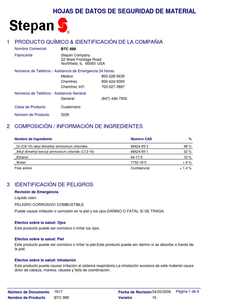 Hoja de Seguridad Sal de Amonio Cuaternario 5 Generacion (BTC 888) | PDF | Agua | Residuos