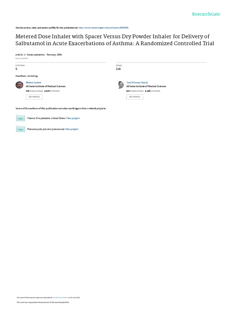 Metered Dose Inhaler With Spacer Versus Dry Powder Inhaler For Delivery ...