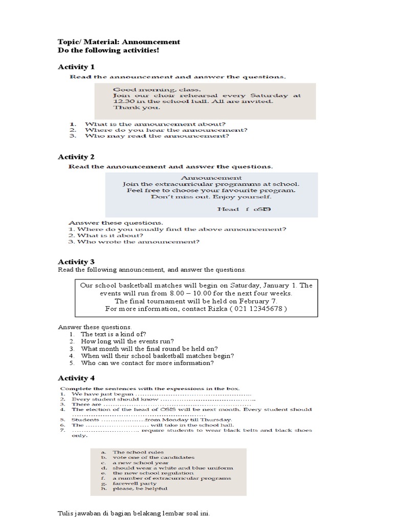 Announcement Worksheet | PDF