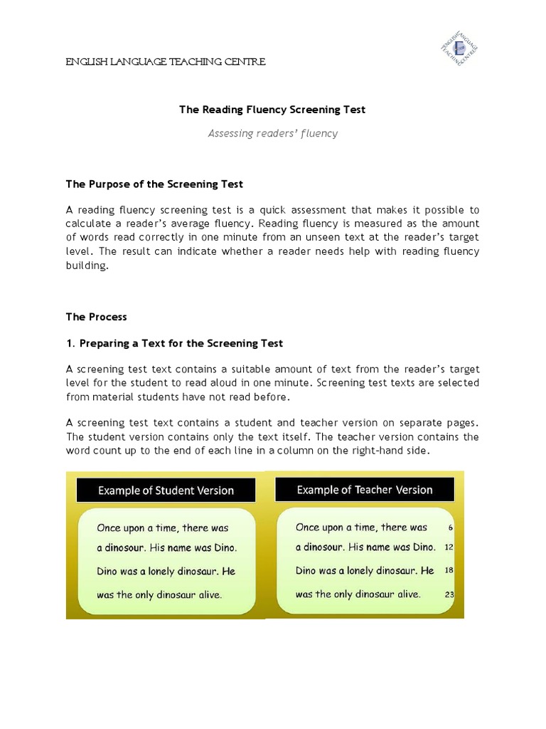 Reading Fluency Screening Test - Text PDF | PDF | Fluency | Language ...